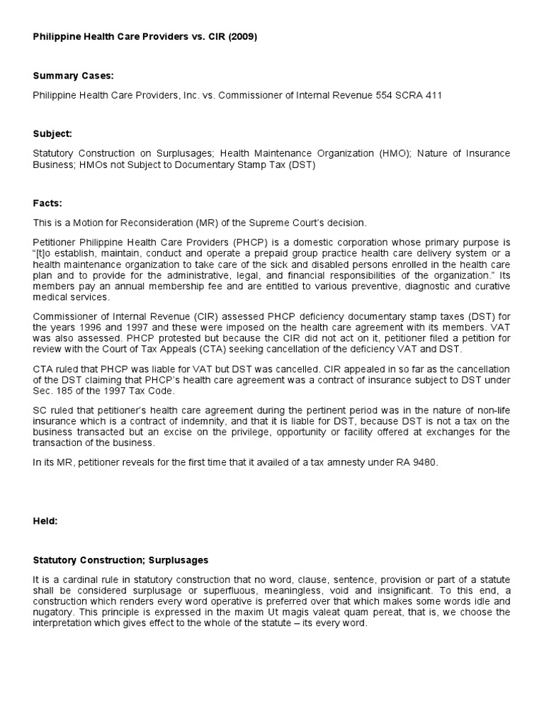 Philhealth Care vs. CIR, 554 SCRA 411 | PDF | Indemnity | Health ...