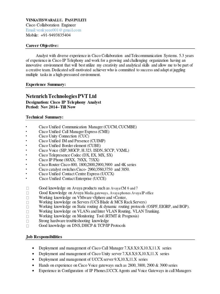 Cisco Collaboration Engineer Resume | PDF | Cisco Systems | Session ...