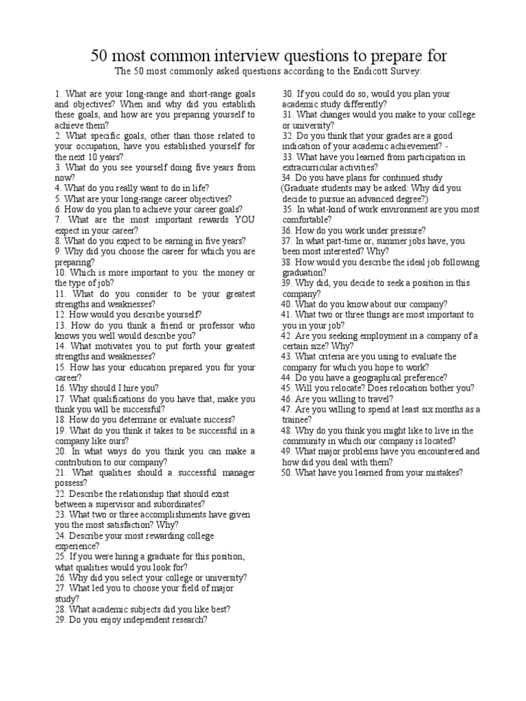 50 Interview Questions To Prepare | PDF