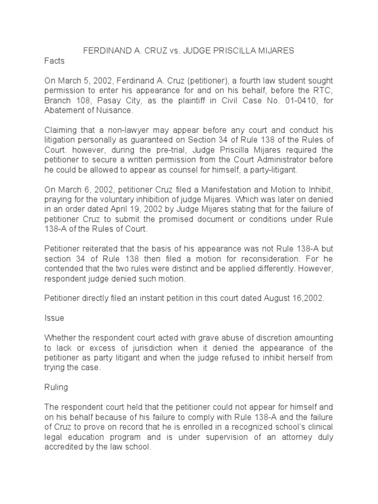 FERDINAND A. CRUZ vs. JUDGE PRISCILLA MIJARES | PDF | Lawsuit | Lawyer