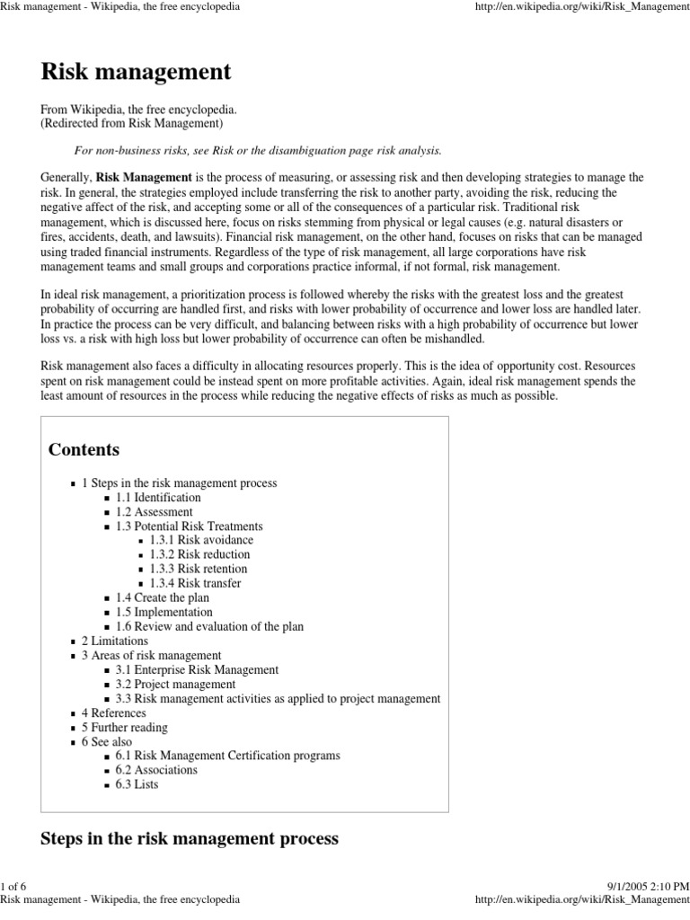 Risk Management: For Non-Business Risks, See Risk or The Disambiguation ...