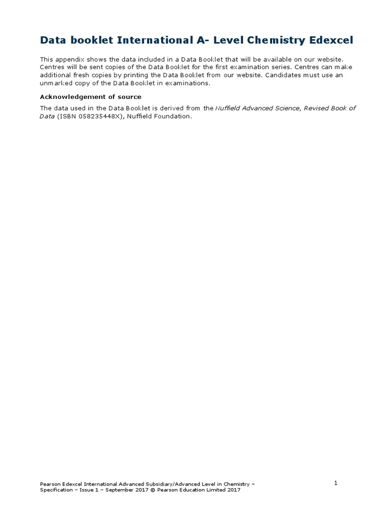 International-A-Level-Chemistry Data Booklet | PDF