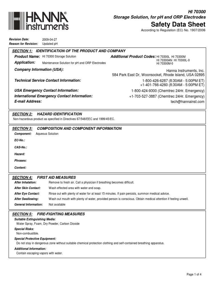 Safety Data Sheet: HI 70300 Storage Solution, For PH and ORP Electrodes | PDF | Occupational ...