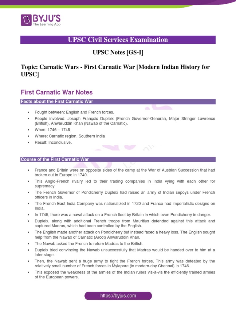 Carnatic Wars First Carnatic War Modern Indian History For UPSC PDF | PDF