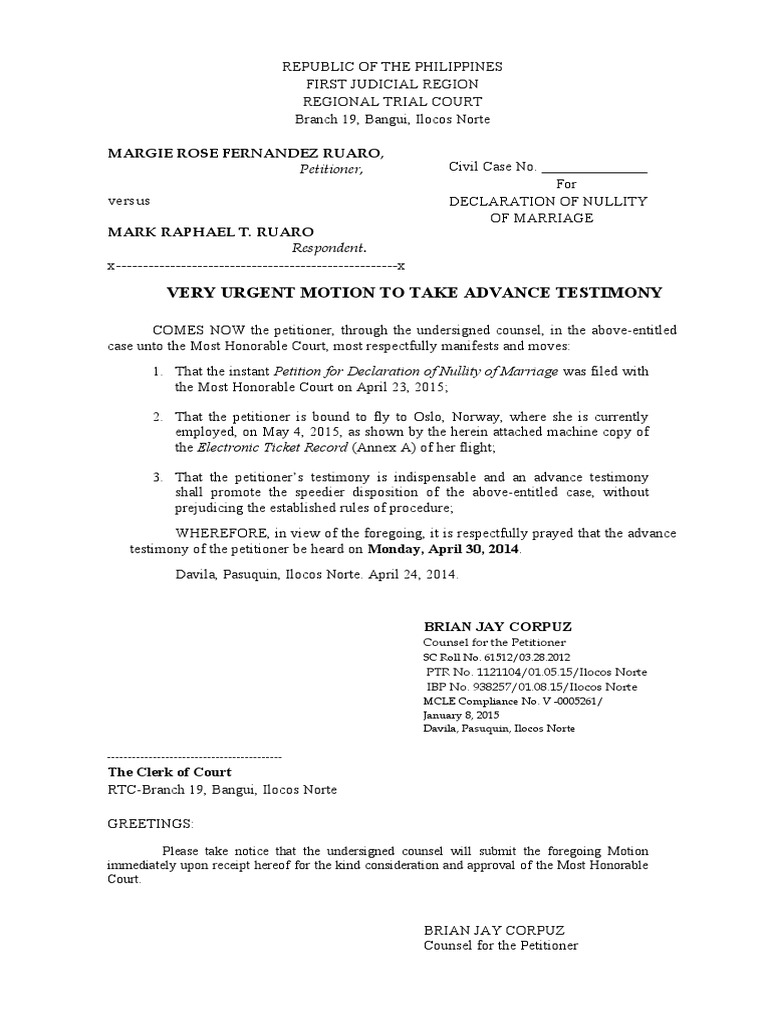 Motion For Advanced Testimony. Ruaro | PDF | Virtue | Justice