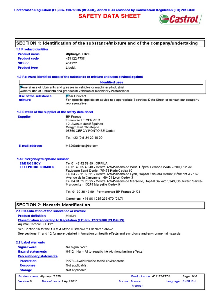 MSDS Castrol Alphasyn T 320 (2016) PDF | Download Free PDF | Personal ...