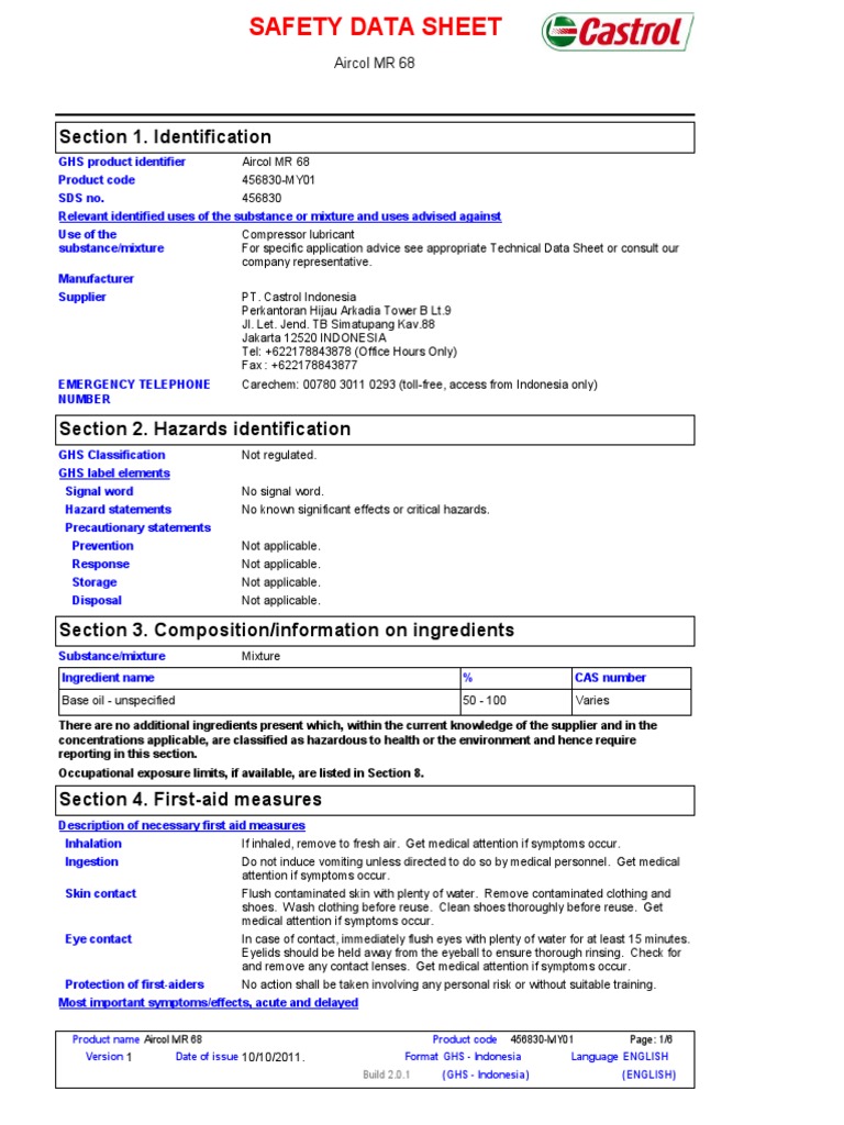 MSDS Castrol Aircol MR 68 PDF | PDF | Personal Protective Equipment ...