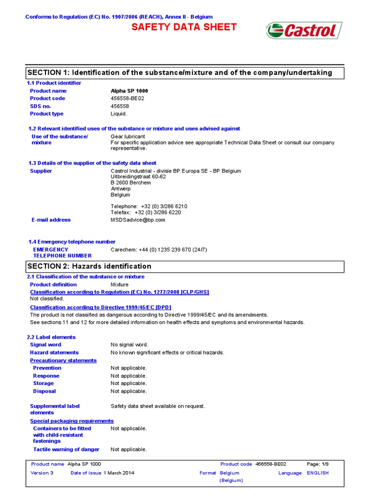 MSDS Castrol Alpha SP 1000 PDF | PDF | Dangerous Goods | Personal ...