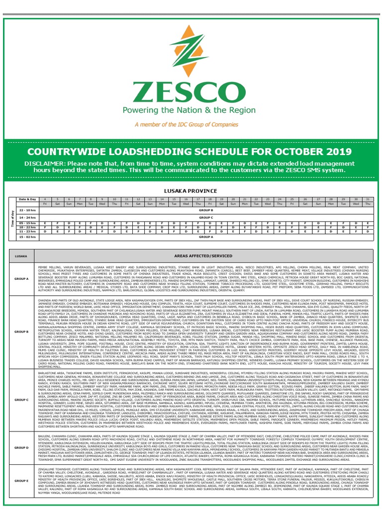Countrywide Loadshedding Schedule For October 2019: Lusaka Province ...
