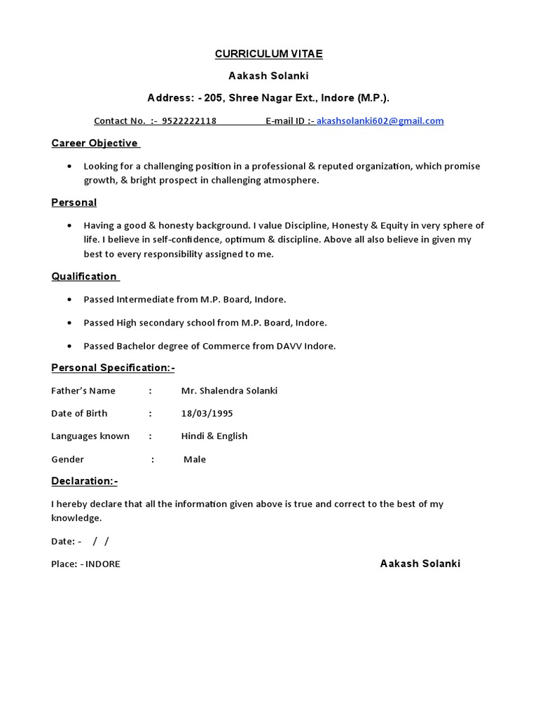 Curriculum Vitae Aakash Solanki Address: - 205, Shree Nagar Ext., Indore (M.P.) | PDF