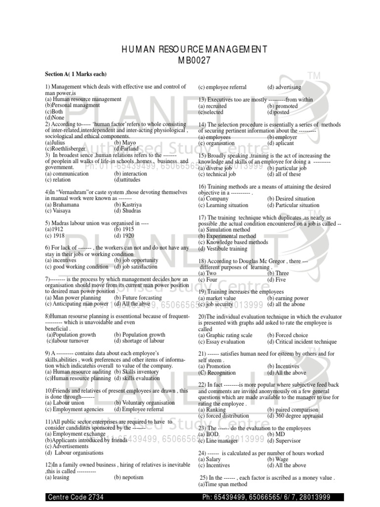HRM MCQ's | PDF | Leadership | Self Actualization