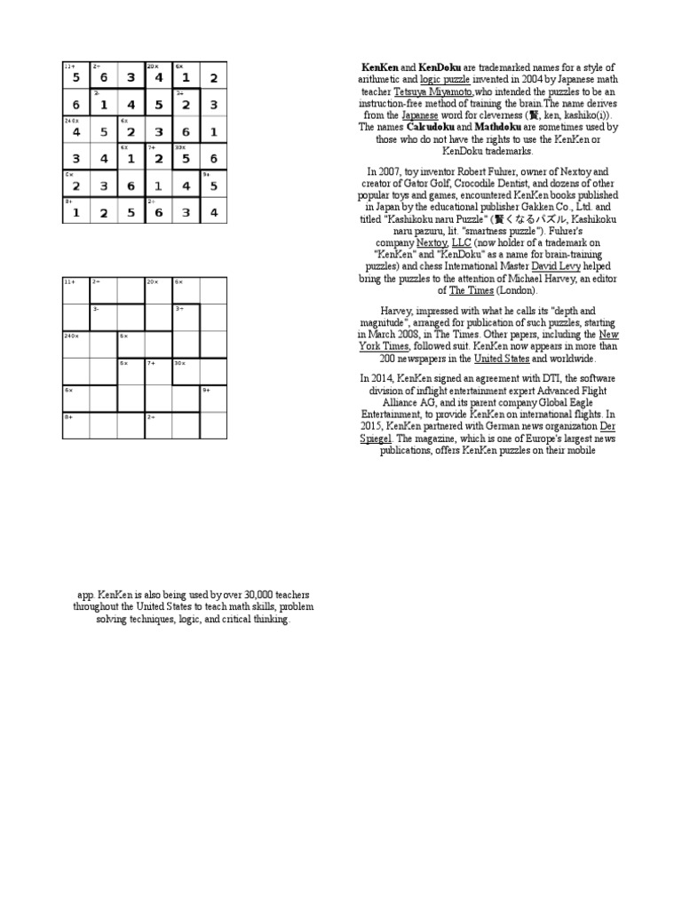 Kenken and Kendoku Are Trademarked Names For A Style of | PDF