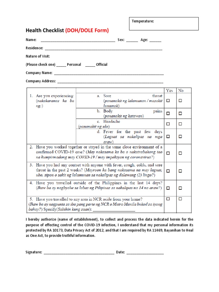 Health Checklist: (DOH/DOLE Form) | PDF