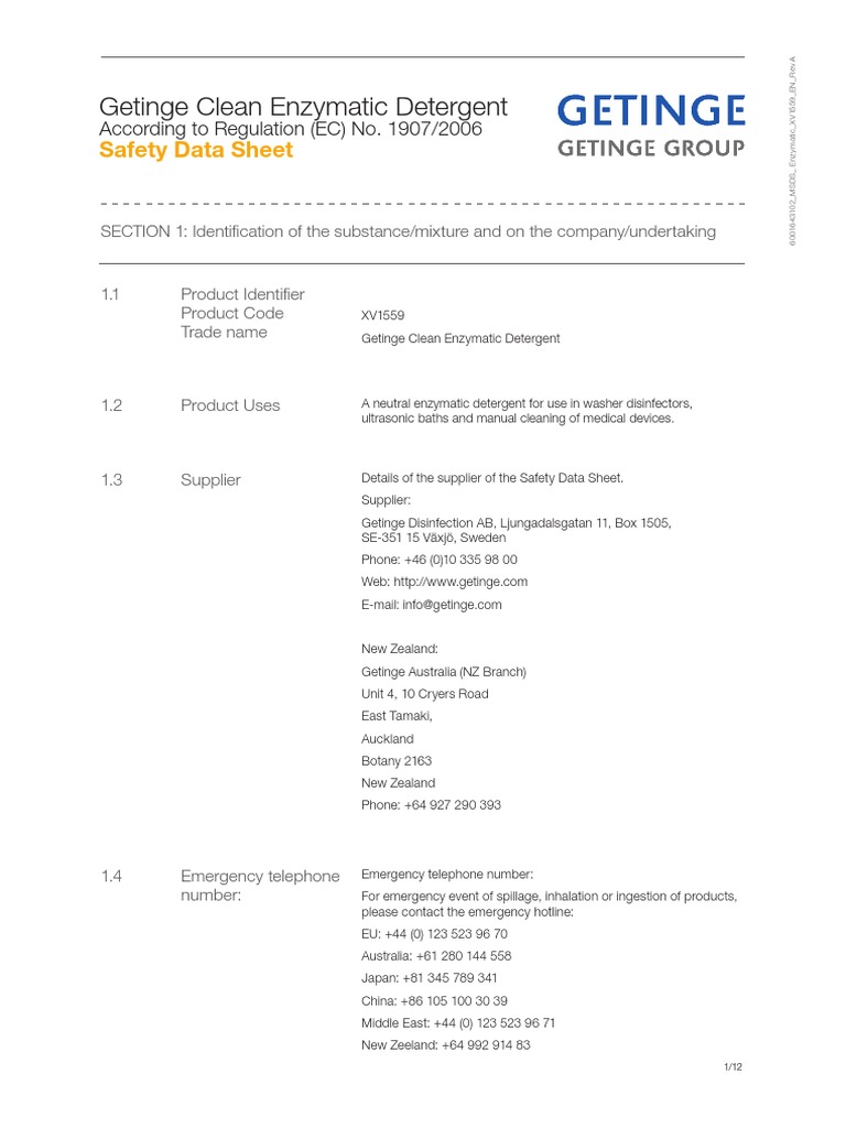 Getinge Clean Enzymatic Detergent: Safety Data Sheet | PDF | Toxicity ...