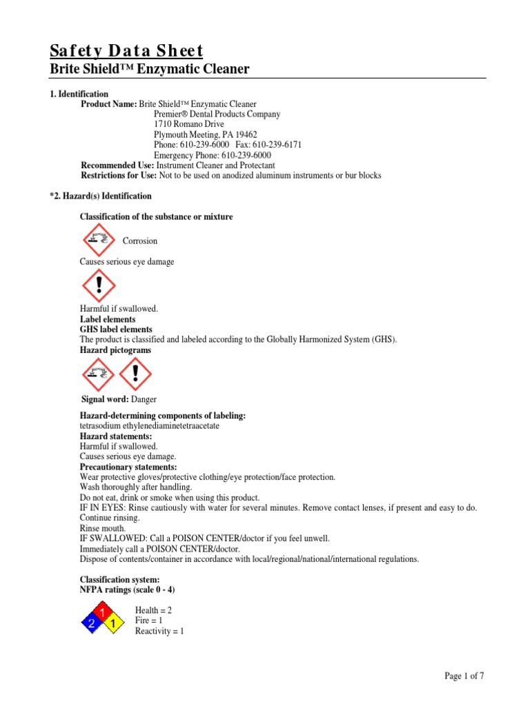 Safety Data Sheet: Brite Shield™ Enzymatic Cleaner | PDF | Dangerous ...