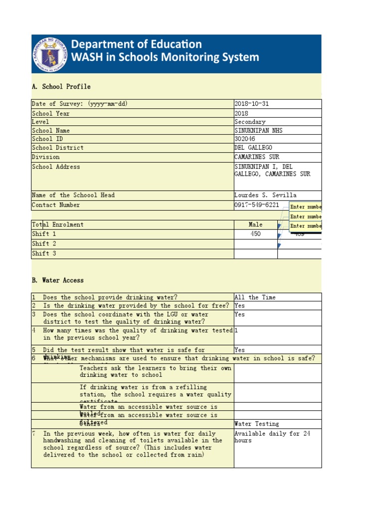 Department of Education WASH in Schools Monitoring System: Enter Date ...