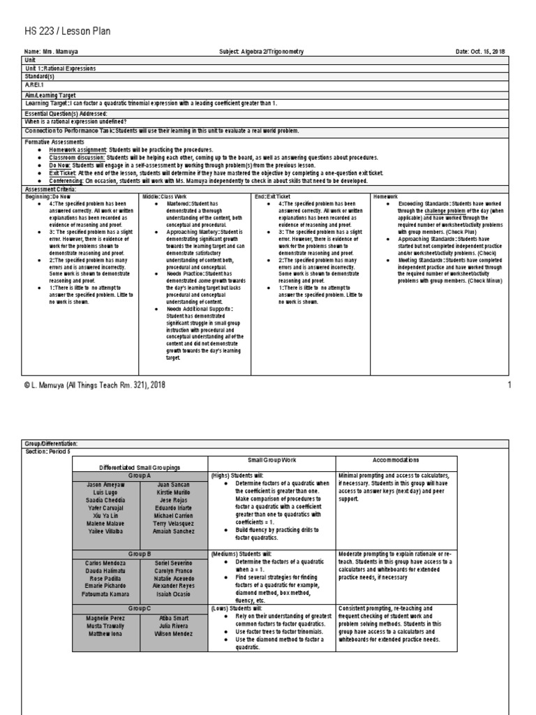 HS 223 / Lesson Plan: Unit 1: Rational Expressions | PDF ...