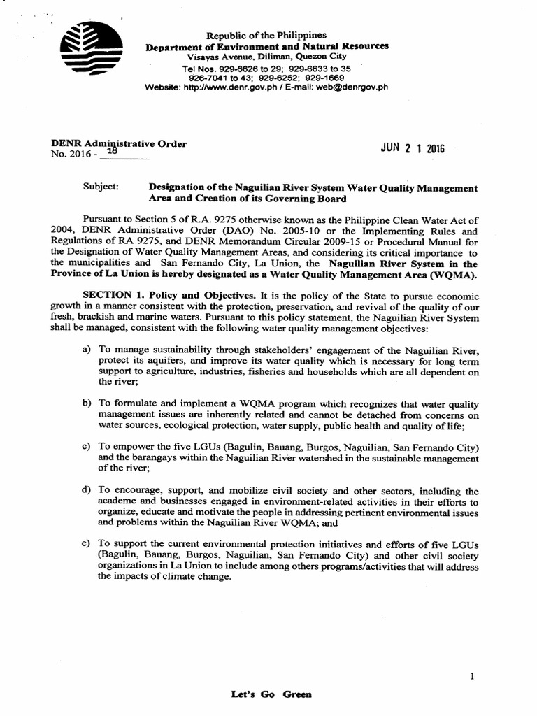DAO 2016-18 Naguilian River System WQMA | PDF