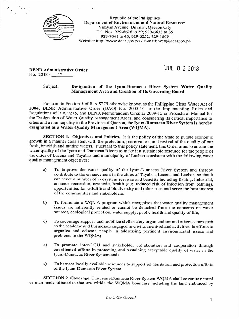 DAO 2018-11 Iyam-Dumacaa River System WQMA | PDF