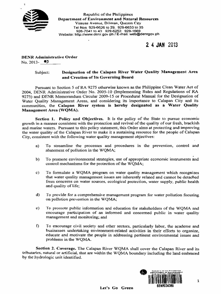 Calapan River WQMA Designation Order | PDF | Water Quality | Quality ...