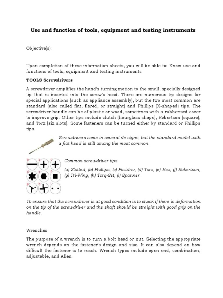 Use and Function of Tools | PDF | Electrical Resistance And Conductance ...