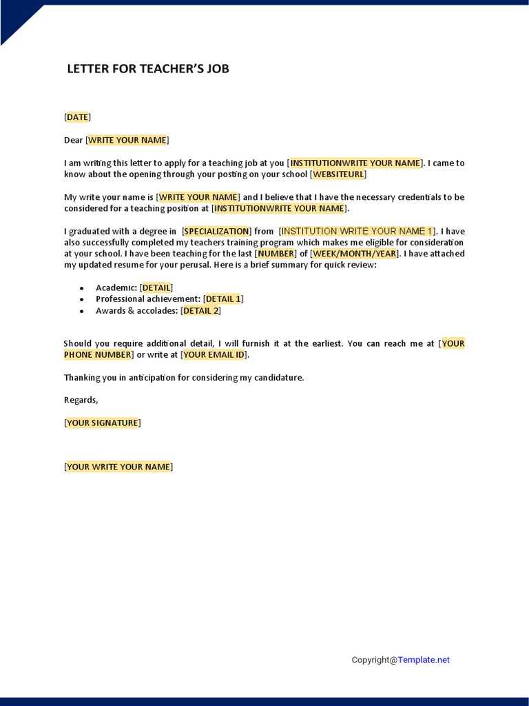 Letter For Teacher'S Job: Institution Write Your Name 1 | PDF