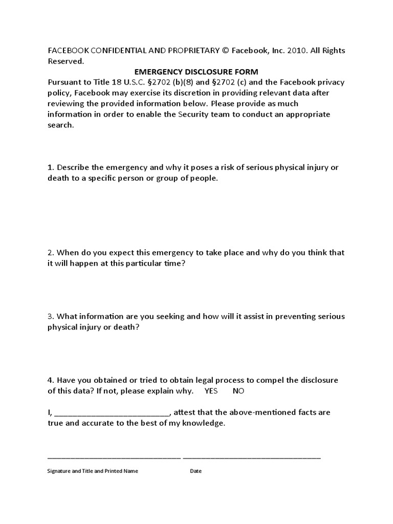 Emergency Disclosure Form: Signature and Title and Printed Name Date ...