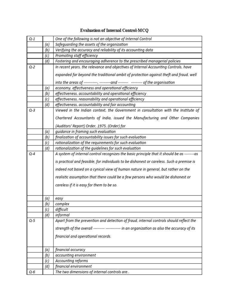 Paper-2-Evaluation of Internal Control-MCQ | Download Free PDF | Internal Control | Audit