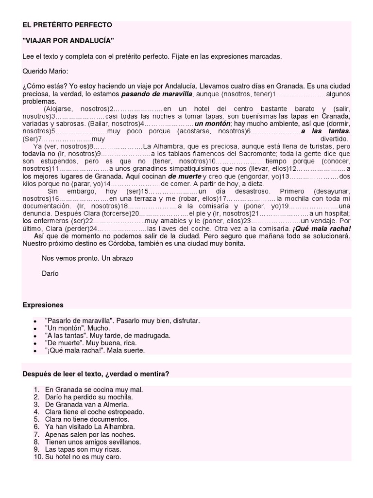 Pretérito Perfecto Texto y Ejercicios | PDF | Violencia