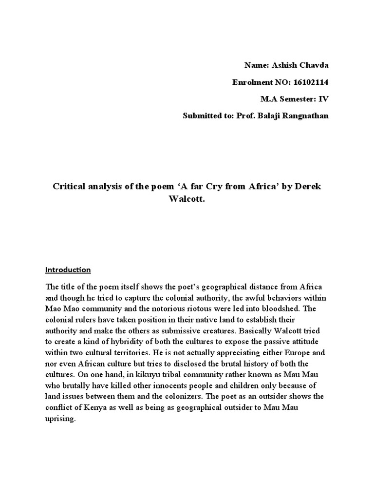 Critical Analysis of The Poem A Far Cry From Africa' by Derek Walcott | PDF