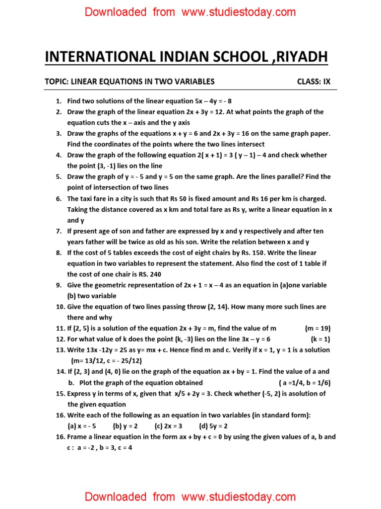 CBSE Class 9 Linear Equations in Two Variables | PDF | Equations | Geometry
