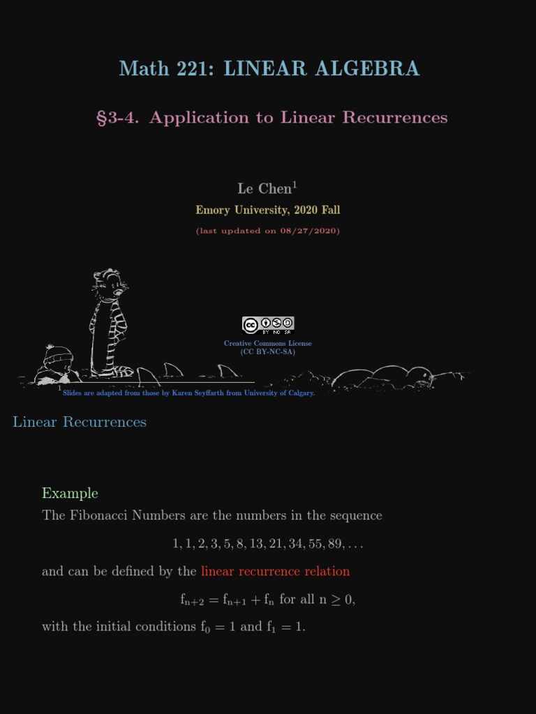 Math 221: Linear Algebra: 3-4. Application To Linear Recurrences | PDF | Recurrence Relation ...