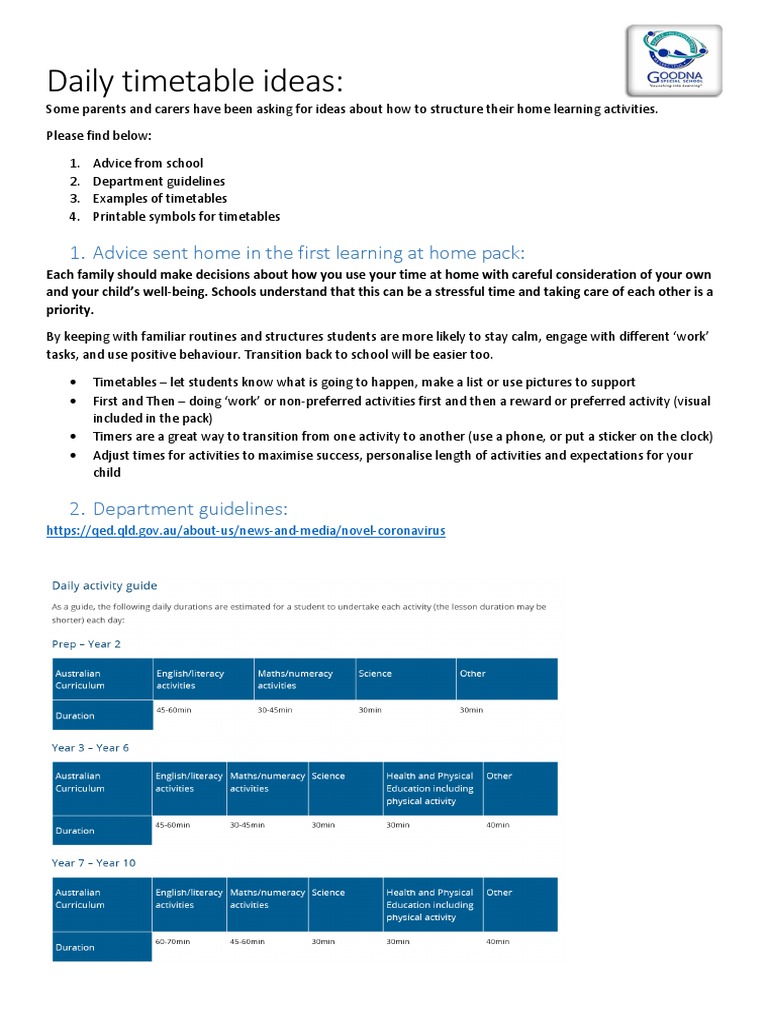 Daily Timetable Ideas