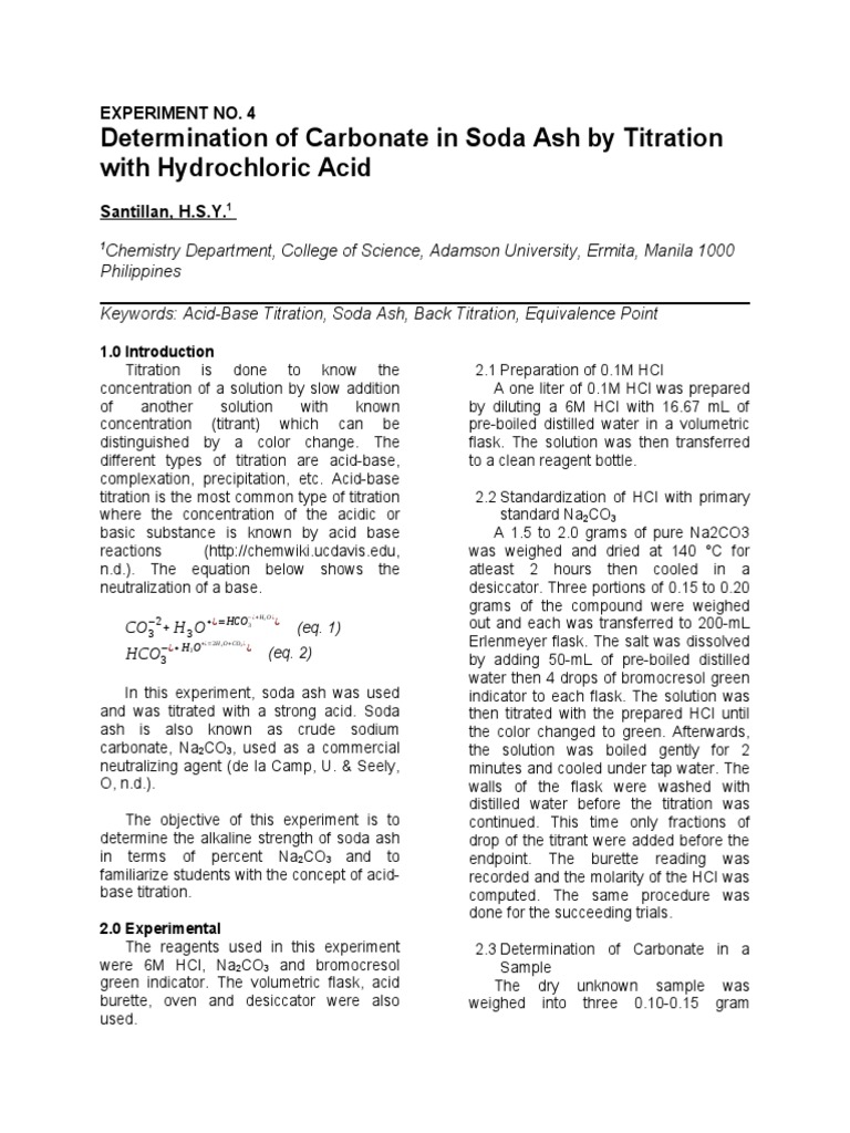 Determination of Carbonate in Soda Ash by Titration With Hydrochloric ...