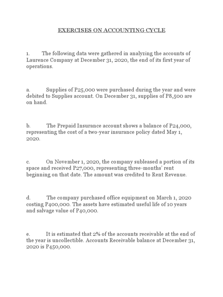 Exercises On Accounting Cycle | PDF | Debits And Credits | Expense