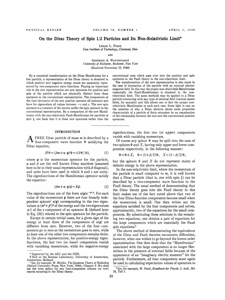 Foldy Wouthuysen | PDF | Spin (Physics) | Wave Function