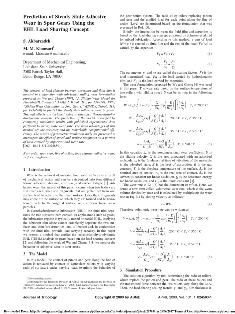 Prediction of Steady State Adhesive Wear in Spur Gears Using The EHL ...