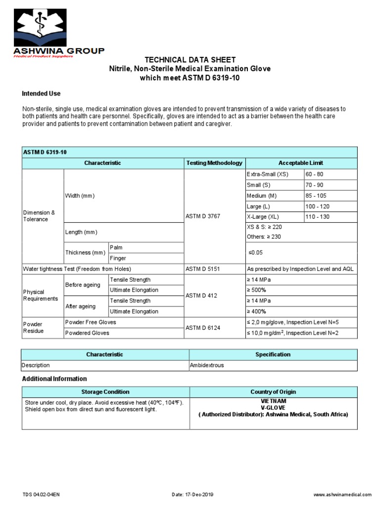Technical Data Sheet Nitrile, Non-Sterile Medical Examination Glove ...