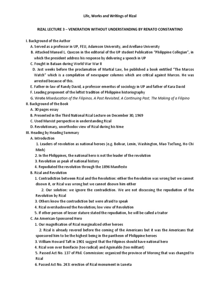 Rizal Lecture 3 Veneration Without Understanding by Renato Constantino ...