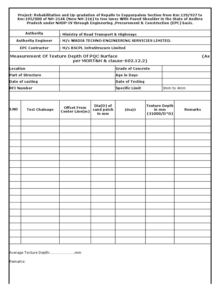 Core Cutting Test Formate | PDF | Road | Road Surface