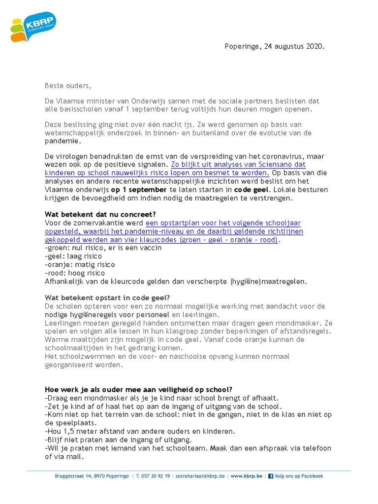 Brief Aan de Ouders Start Schooljaar | PDF