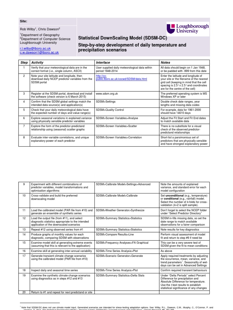 Wilby Dawson 2014 Site Statistical Downscaling Model Sdsm Dc Step By Step Development Of