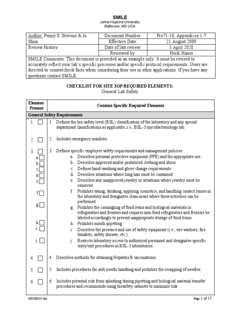 Lab Safety SOP Checklist Guide | PDF | Laboratories | Public Health