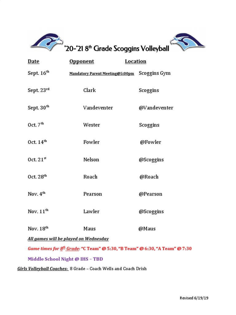 8th Grade Volleyball Schedule 2020-21 | PDF