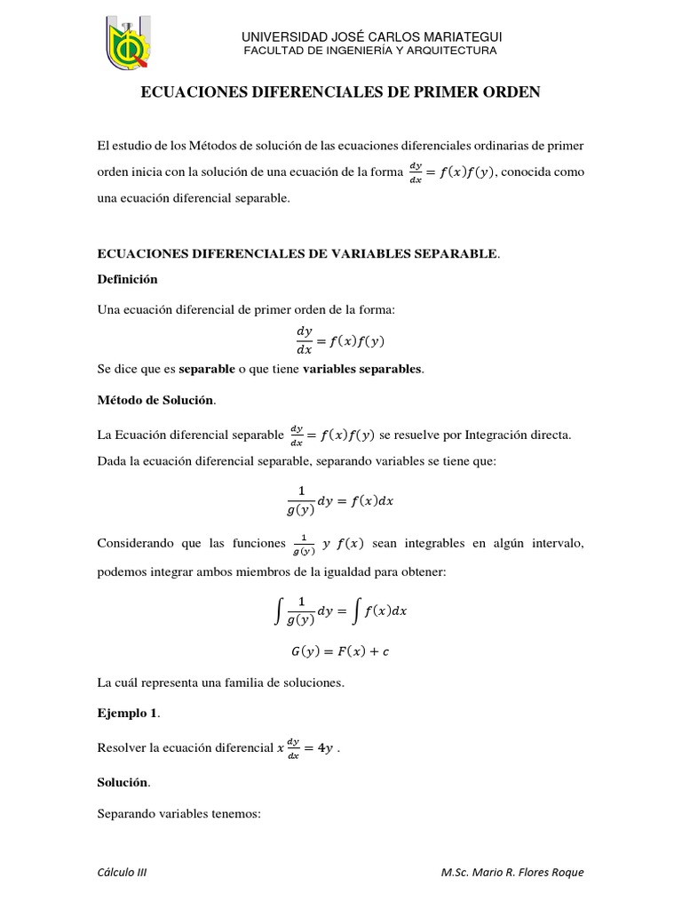 Ecuaciones Diferenciales de Primer Orden-Variables Separables | PDF ...