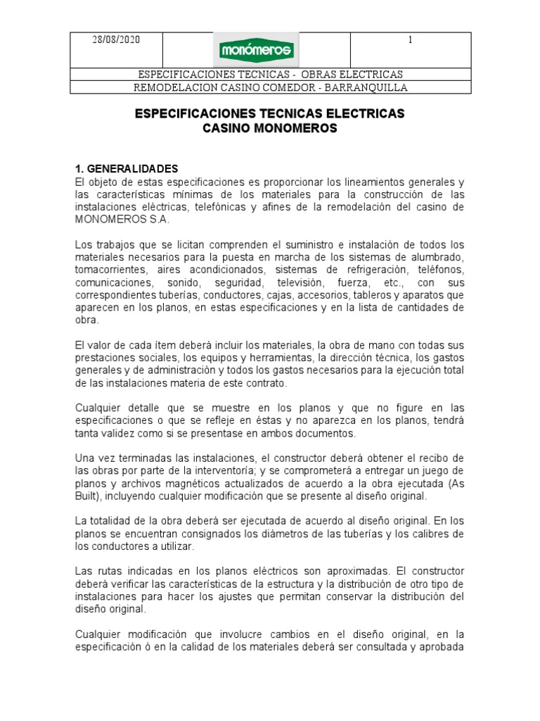 Especificaciones Tecnicas Electricas | PDF | Transformador | Corriente eléctrica