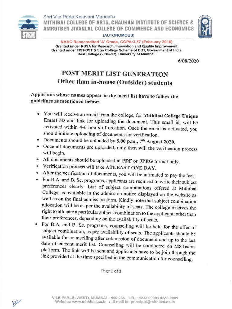 CDoc - First Year Bcom Merit List | PDF