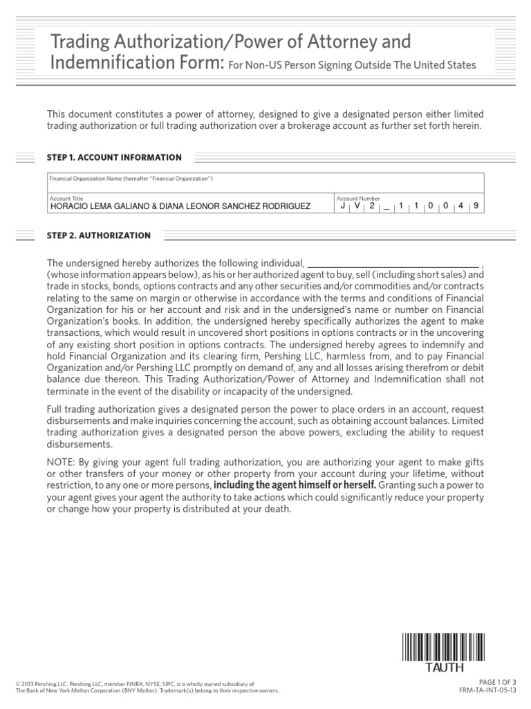 Non-US Trading Authorization Form | PDF | Short (Finance) | Power Of ...