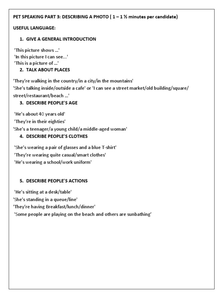 Describing a Photo in PET Speaking Part 3 | PDF