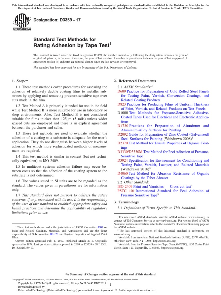 D3359 Standard Test Methods For Rating Adhesion by Tape Test1 PDF | PDF ...
